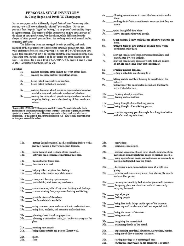 Personal Style Inventory | PDF | Thought | Epistemology