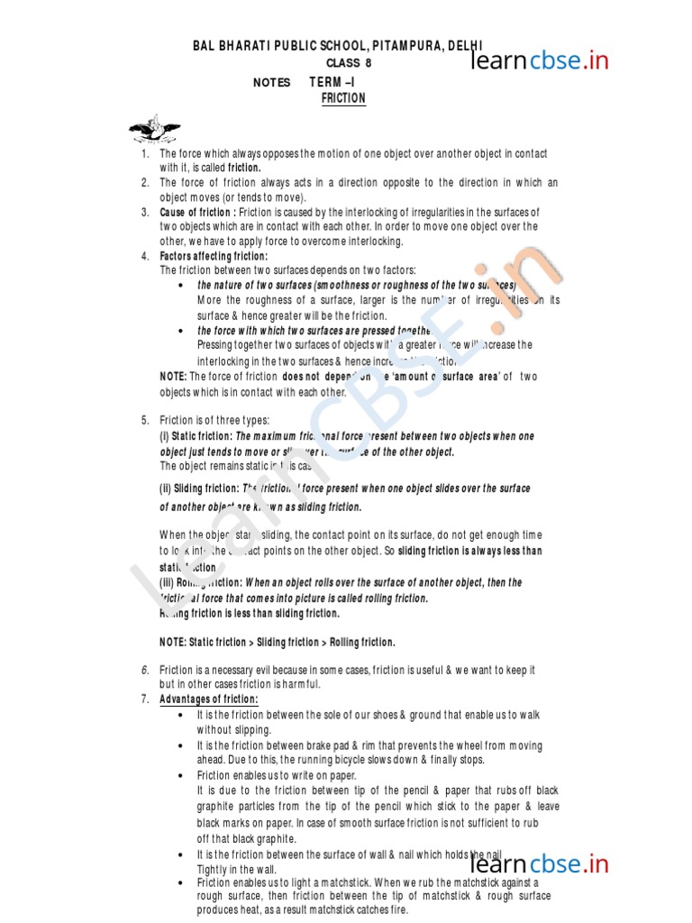 Friction Concepts for Class 8 Science | PDF | Friction | Classical ...