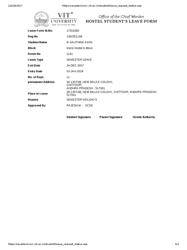 Hostel Student'S Leave Form: Office of The Chief Warden | PDF