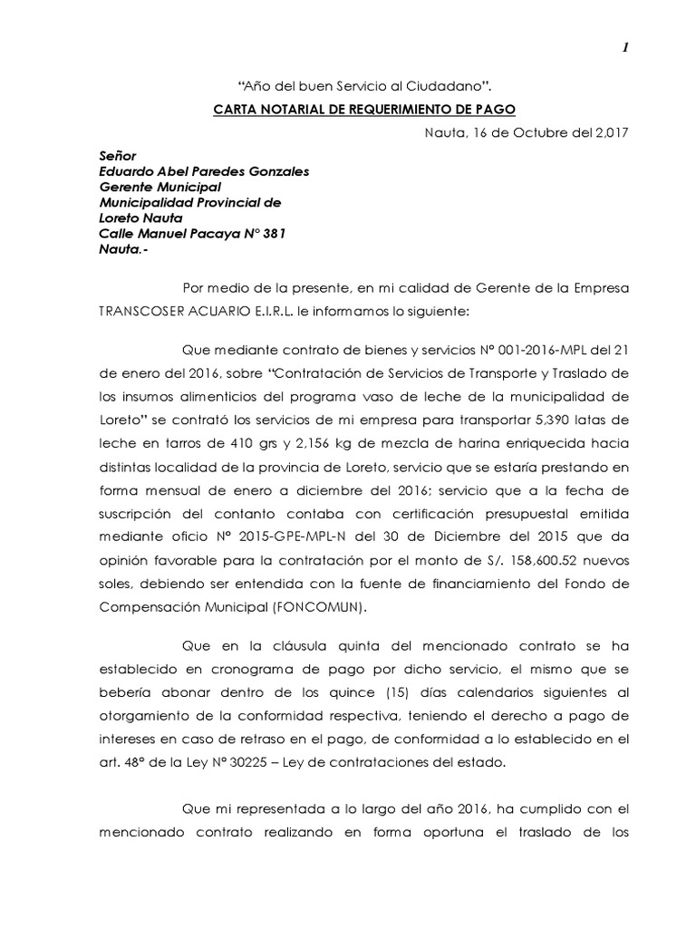 Carta Notarial de requerimiento de pago | Pagos
