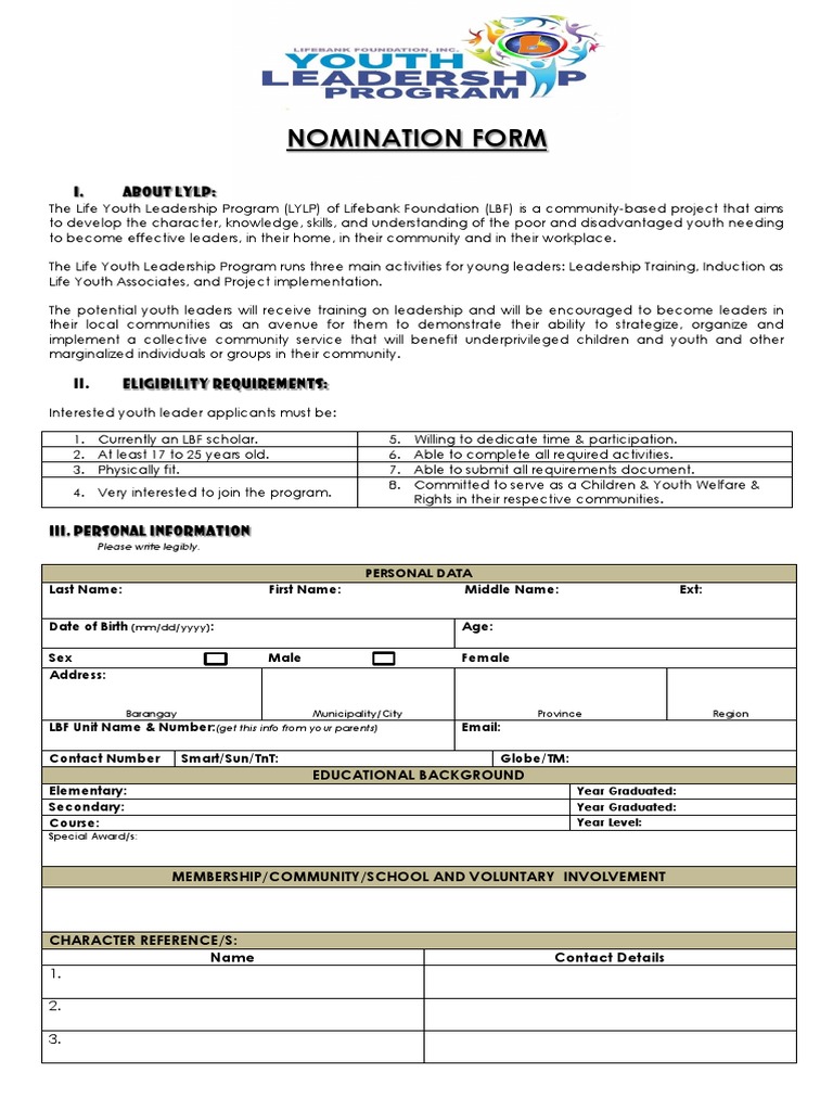 Youth Leadership Nomination Form | PDF | Leadership | Community