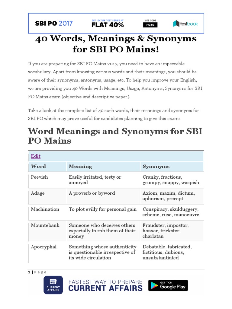 40 Vocabulary Words for SBI PO Mains | PDF
