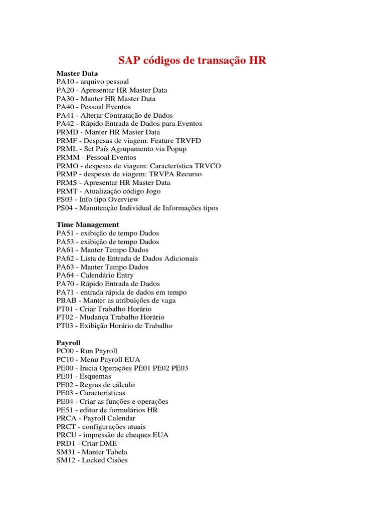 SAP Codigos de Transacao HR | PDF | Dados | Recrutamento
