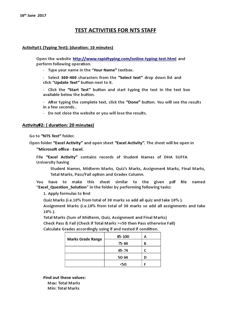 Test Activities For Nts Staff: Activity#1 (Typing Test) : (Duration: 10 ...