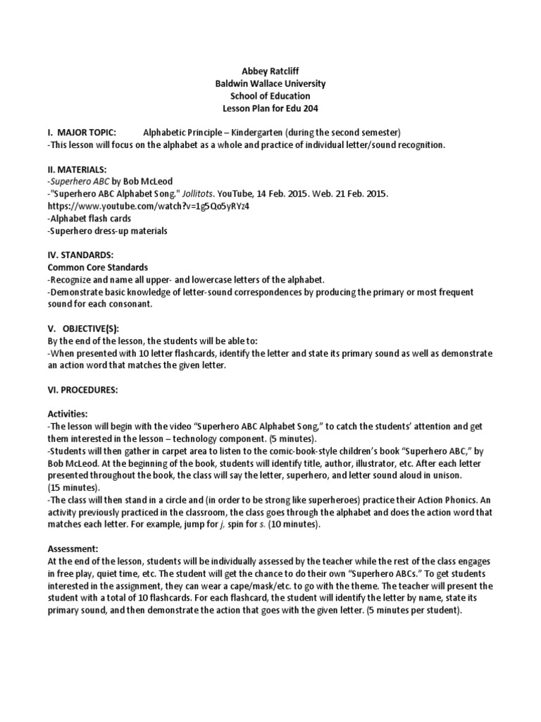 Lesson Plan 1 Alphabetic Principle | PDF | Educational Assessment ...