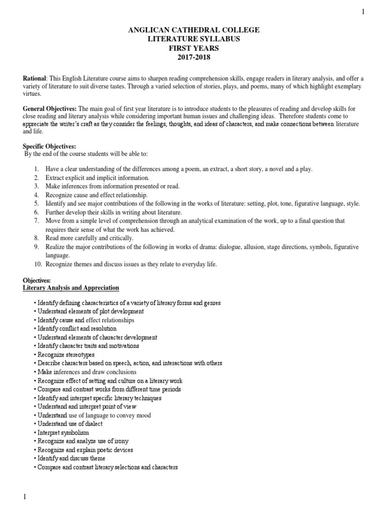 1st Form English Literature Syllabus 2017-2018 | PDF | Poetry ...