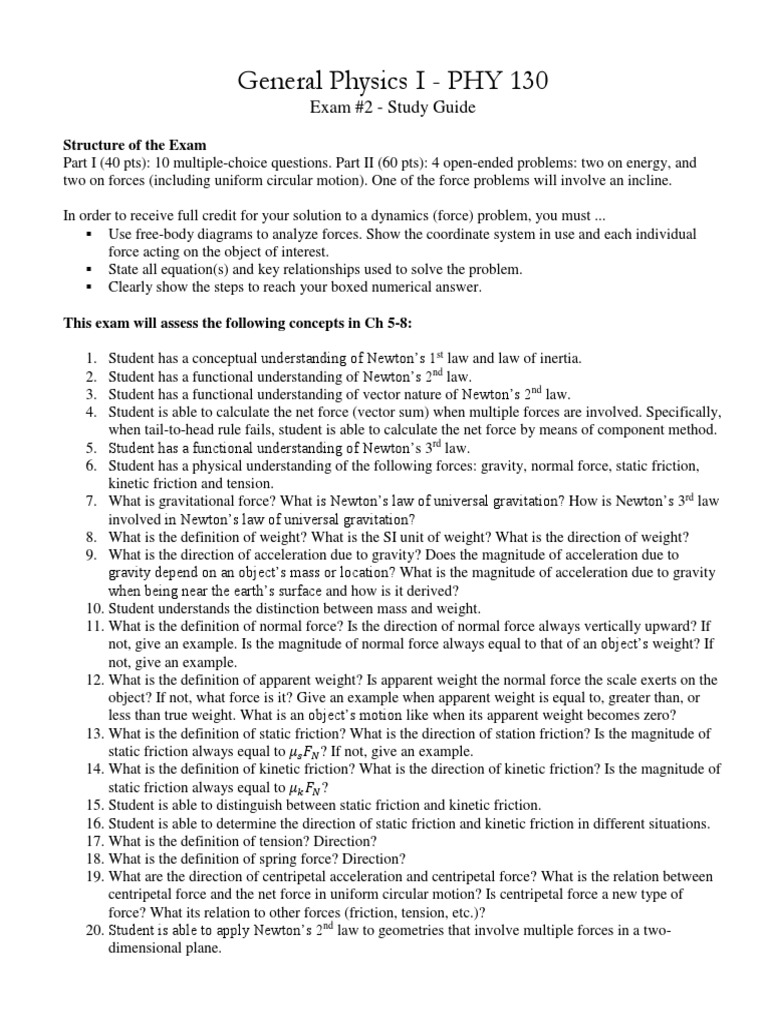 Physics I Exam 2 Study Guide | PDF | Weight | Force