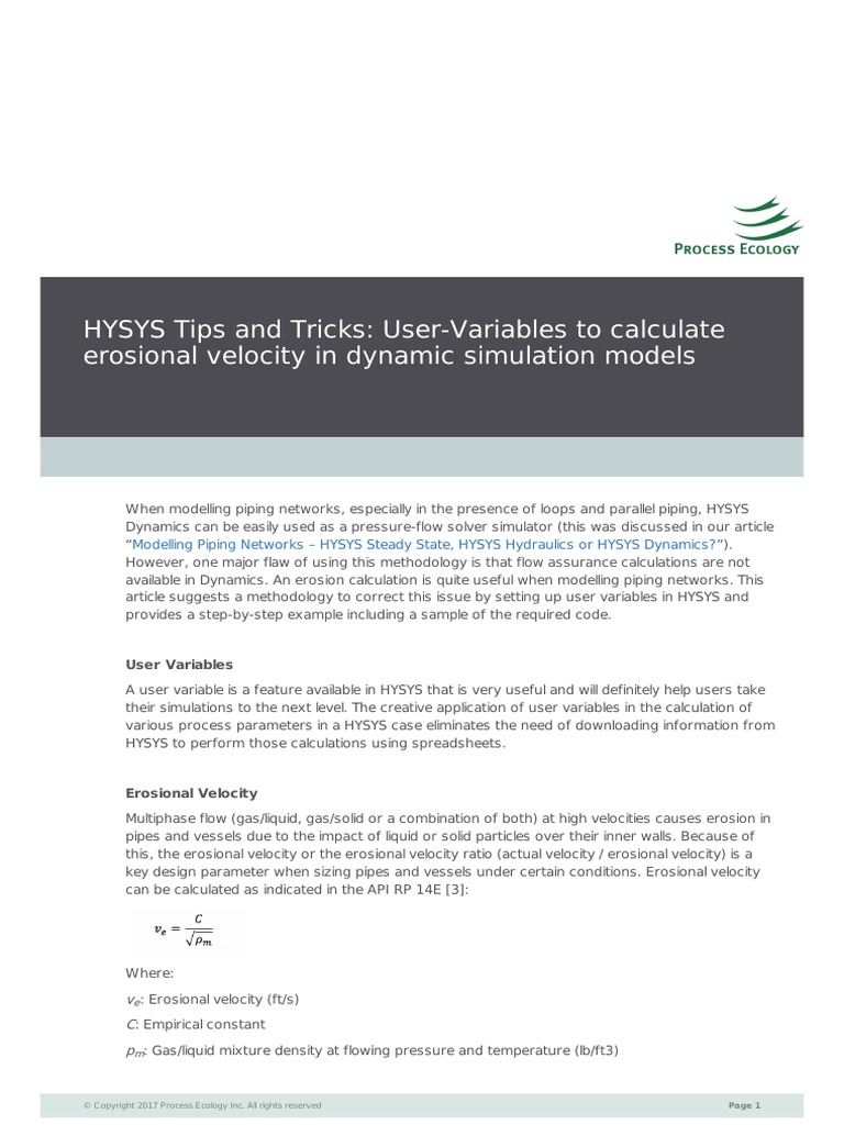Hysys Tips and Tricks User Variables To Calculate Erosional Velocity in ...