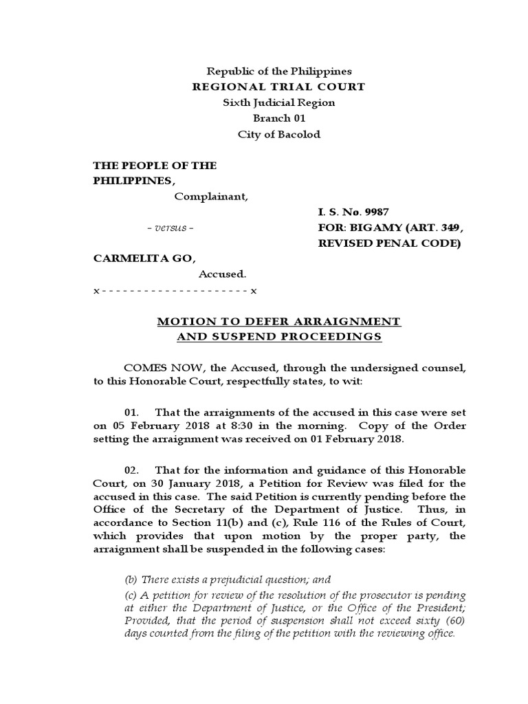 Motion To Suspend Arraignment Sample | PDF | Arraignment | Prosecutor