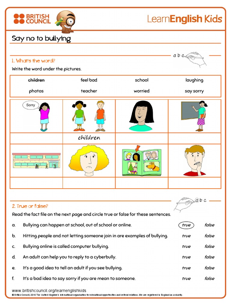 Reading Practice Say No To Bullying Worksheet | PDF