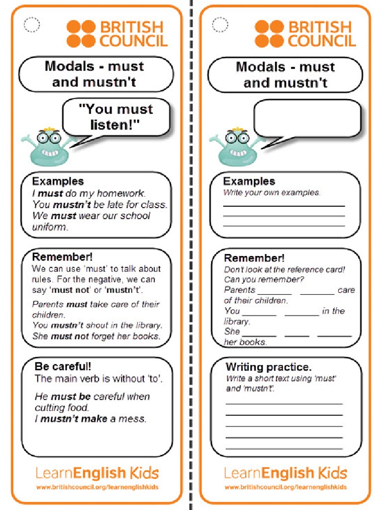 Grammar Practice Reference Card Modals Must and Mustnt PDF | PDF