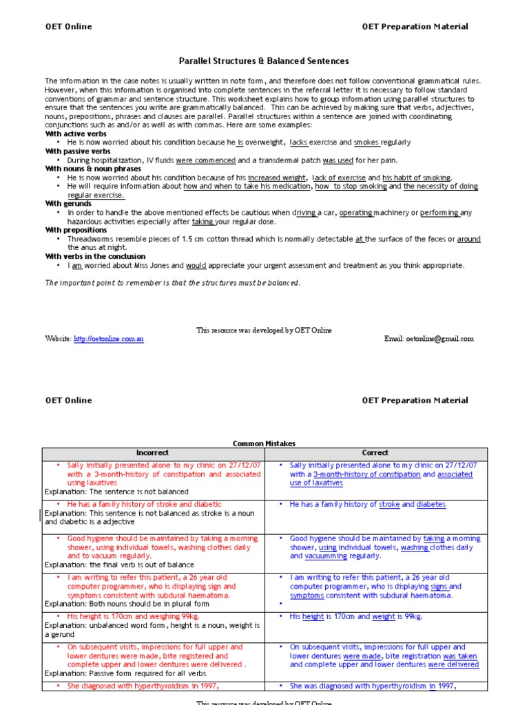 OET Parallel Structures Guide | PDF | Verb | Sentence (Linguistics)