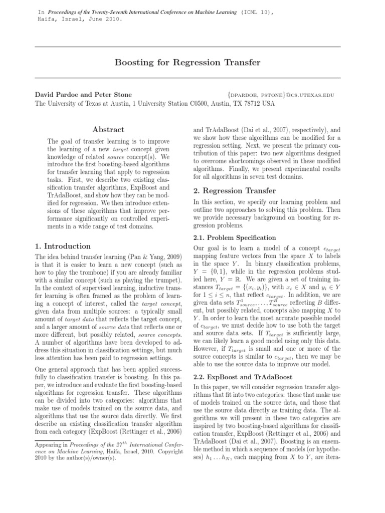 Boosting For Regression Transfer | PDF | Regression Analysis | Machine ...