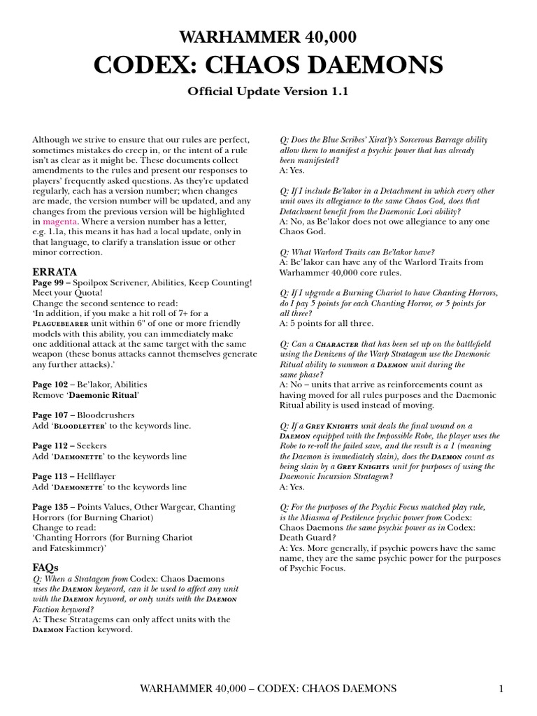 40K 8th Ed Update Codex Chaos Daemons Ver 1.1 | PDF | Leisure | Sports