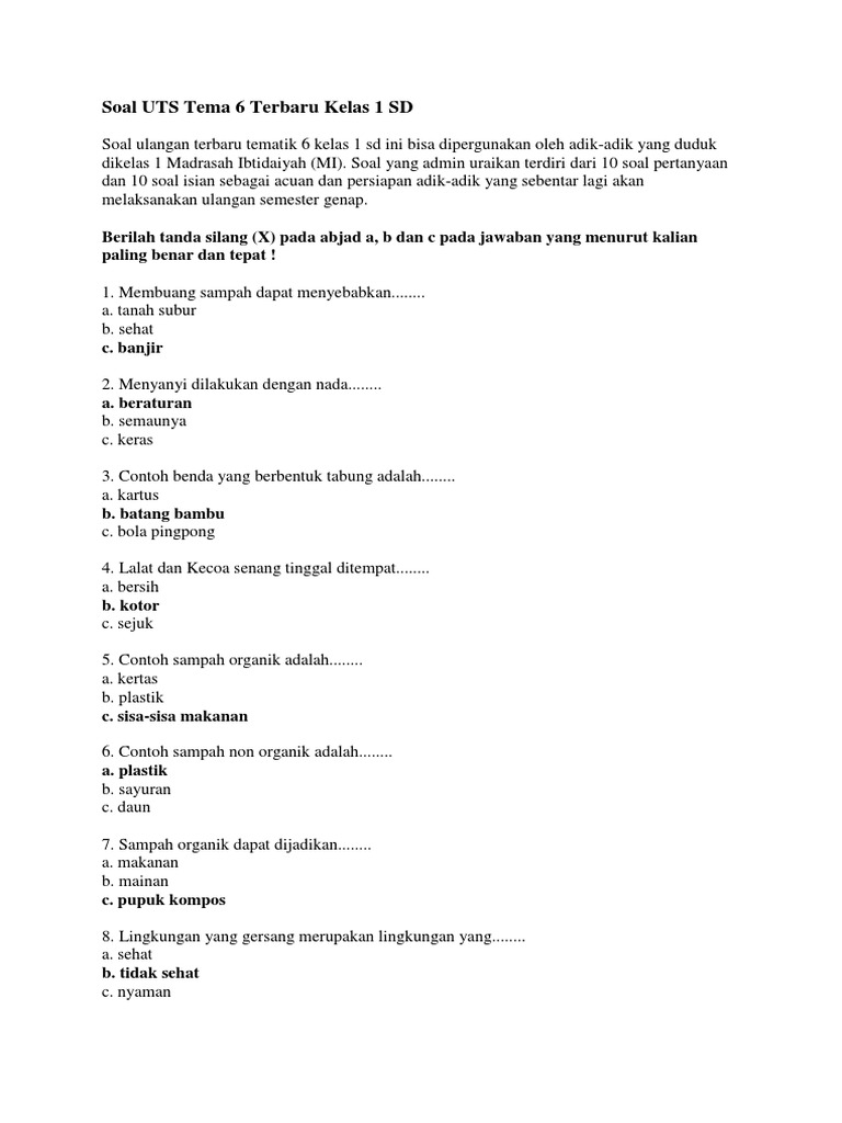 Soal UTS Tema 6 Terbaru Kelas 1 SD | PDF
