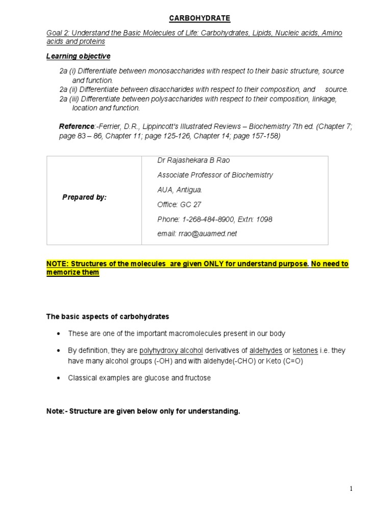 Carbohydrate - Lecture Notes | PDF | Carbohydrates | Glucose