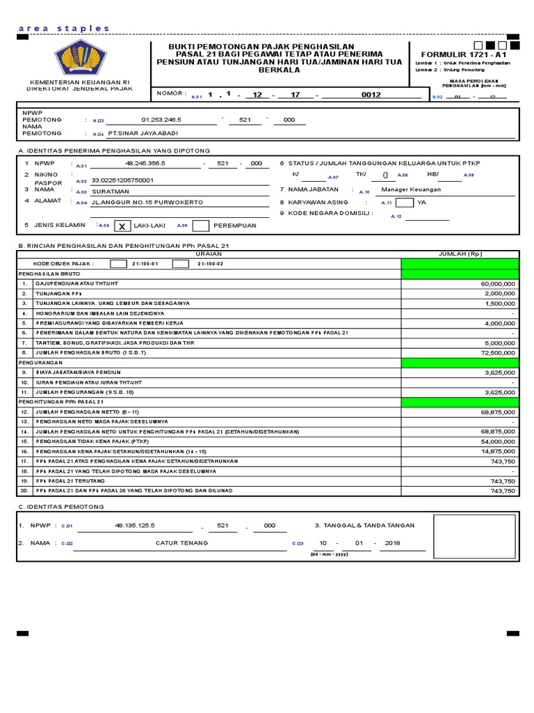 Contoh Pengisian Formulir 1721 A1 | PDF