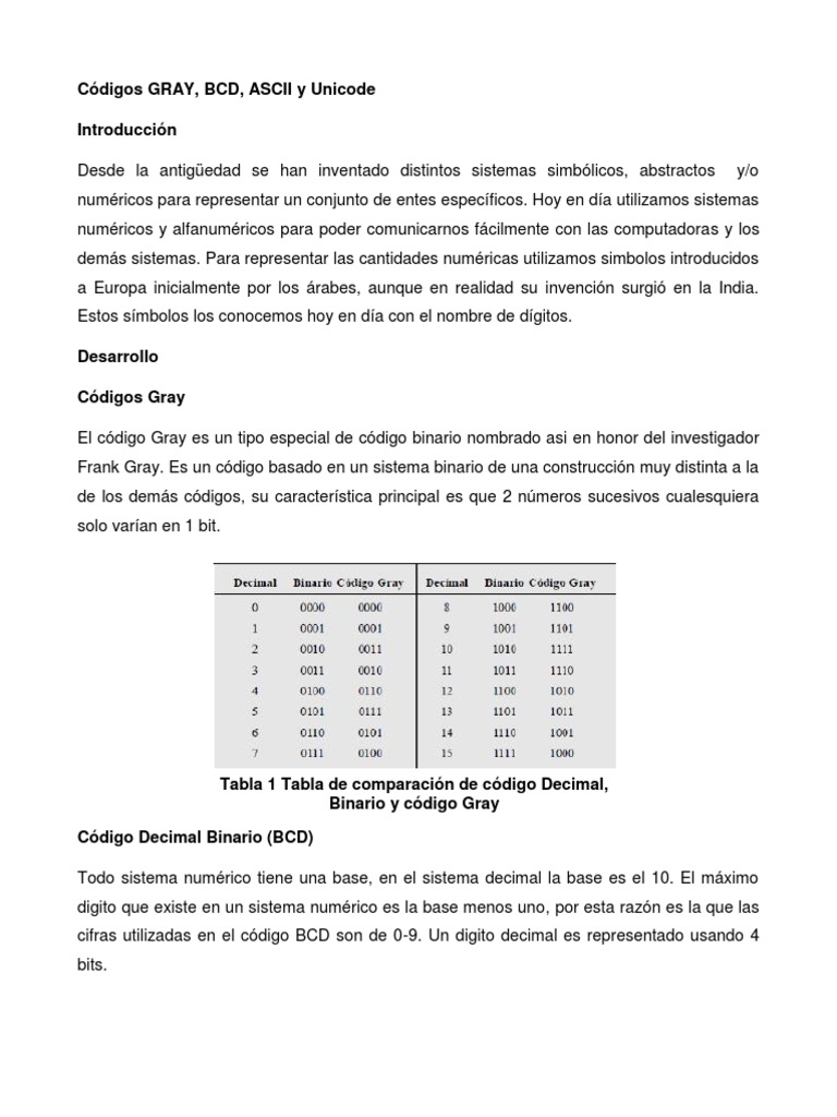 Códigos Gray, BCD, ASCII y Unicode | PDF | Ascii | Decimal codificado en binario