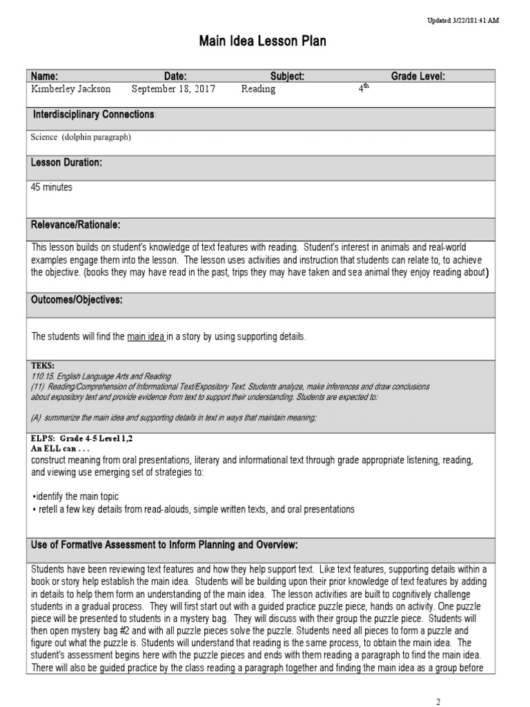 Main Idea Lesson Plan: Teks | PDF | Educational Assessment | Lesson Plan