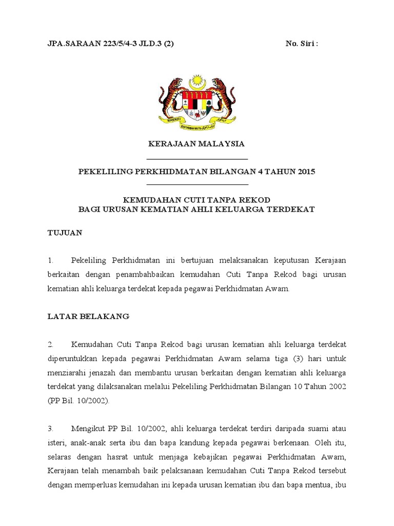 Pekeliling Cuti Tanpa Rekod Ibu Bapa Mertua Meninggal Dunia PDF | PDF