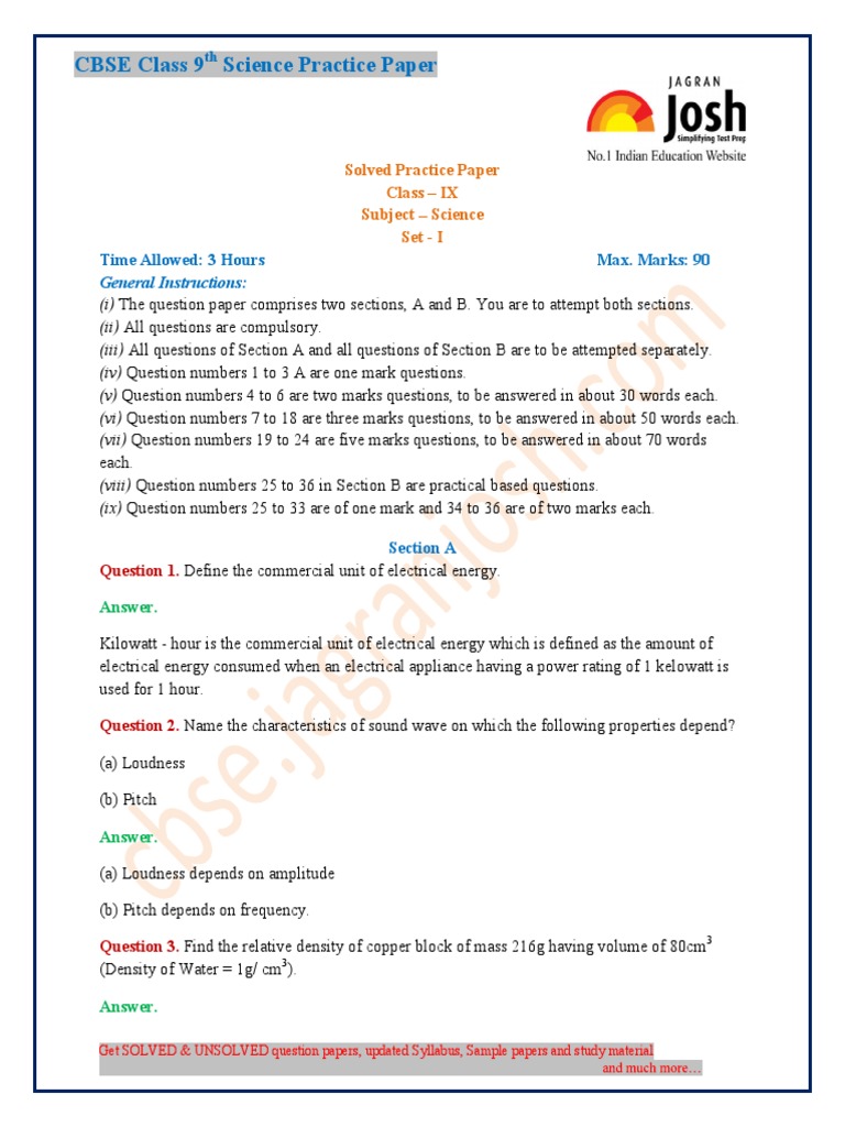 Cbse Class 9 Science Solved Practice Paper Set I | PDF | Solution ...