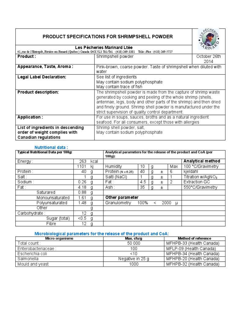 Product Specification Shrimp Shell Powder | PDF | Shelf Life ...