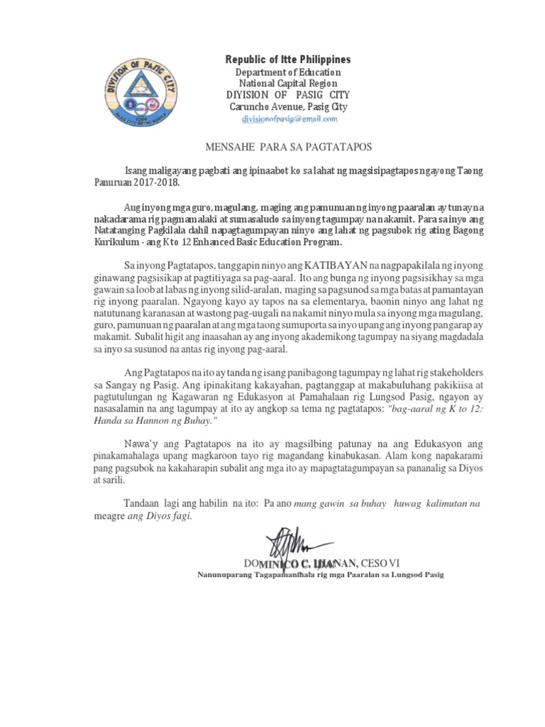 Graduation Message Elementary (Public and Private Schools) | PDF