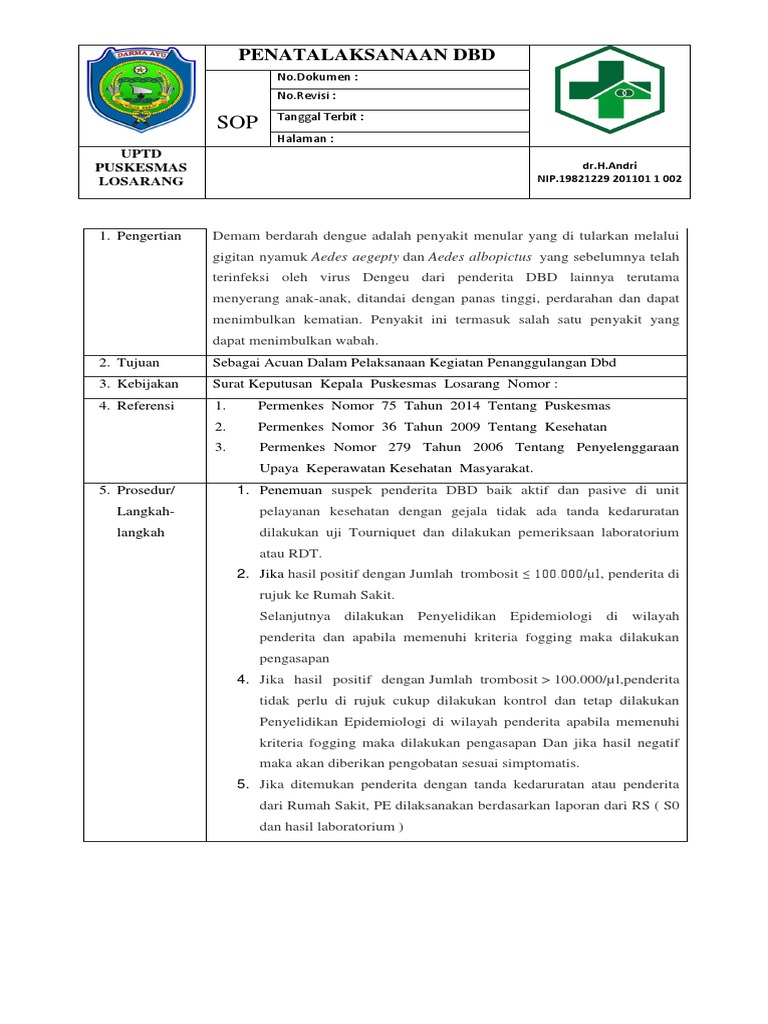 Sop Penatalaksanaan Demam Berdarah Dengue | PDF