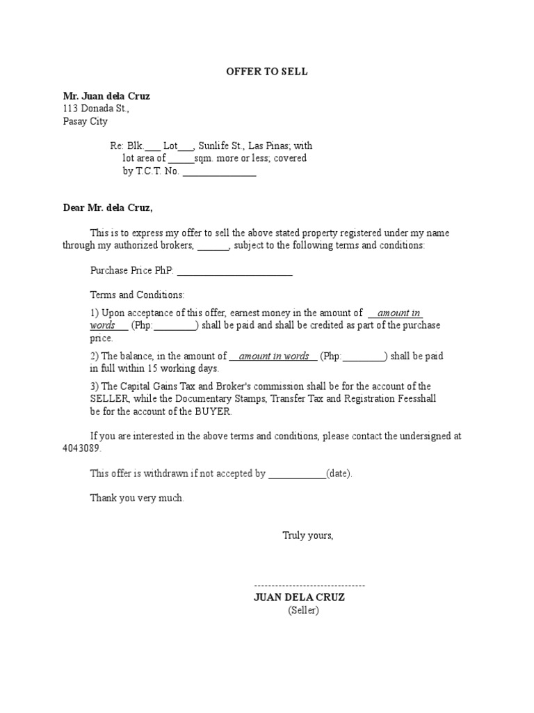 Letter - Offer To Sell | PDF