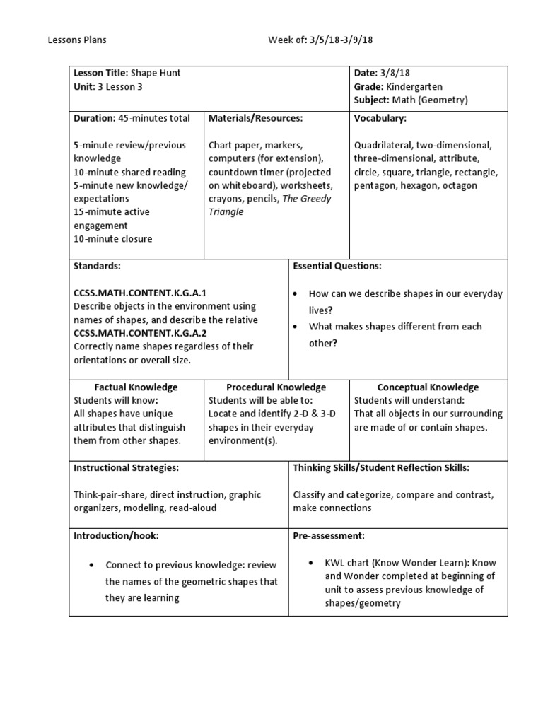 Caltpa Cycle 1 Lesson Plan | PDF | Shape | Lesson Plan