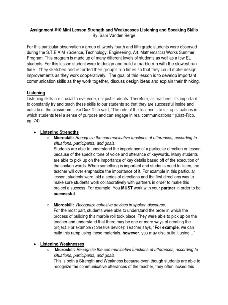 Assignment 10 Mini Lesson Strength and Weaknesses Listening and ...
