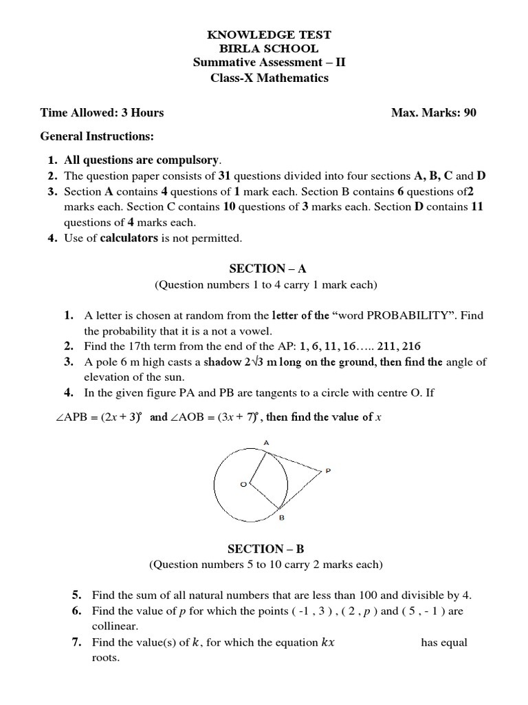 Maths Birla School Q&A | PDF | Circle | Geometric Shapes