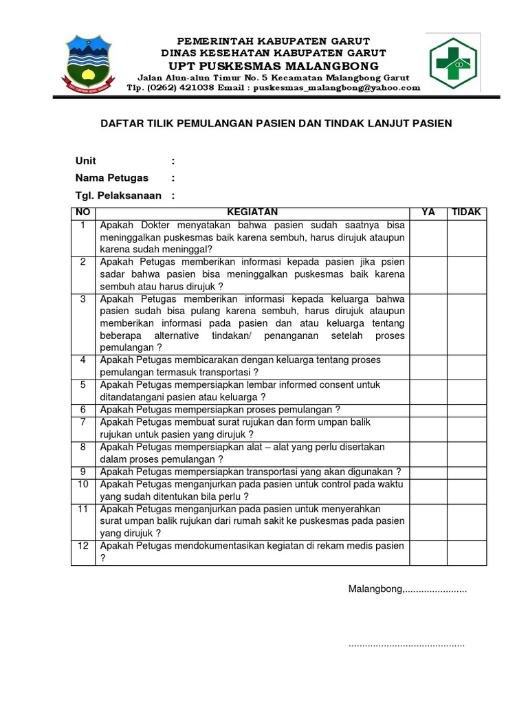 Daftar Tilik Pemulangan Pasien Dan Tindak Lanjut | PDF