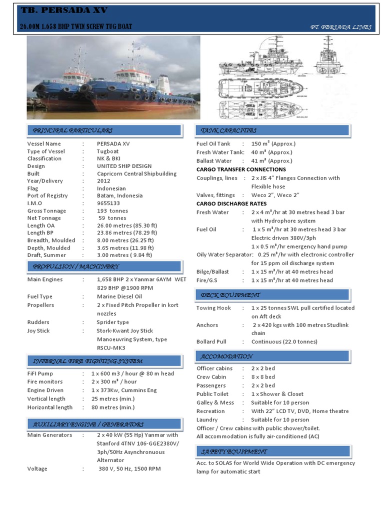 Ship Particular Persada XV | PDF | Tugboat | Ships