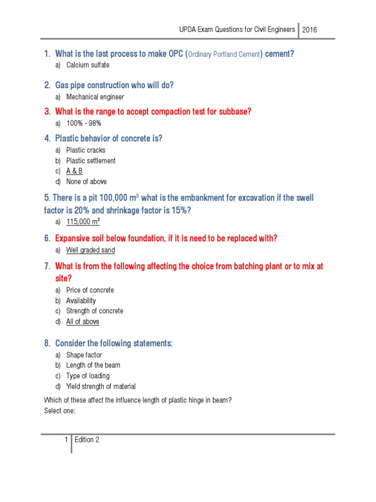 UPDA Exam Questions For Civil Engineers | PDF | Concrete | Beam (Structure)