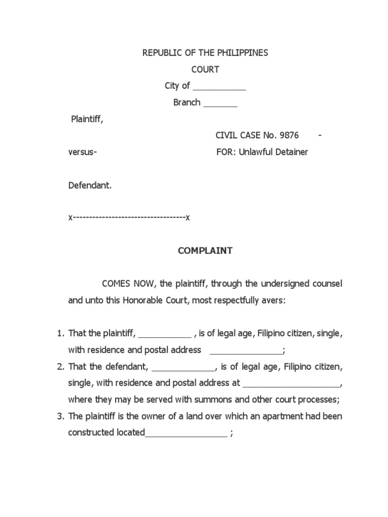 Complaint For Ejectment | PDF | Lawsuit | Complaint