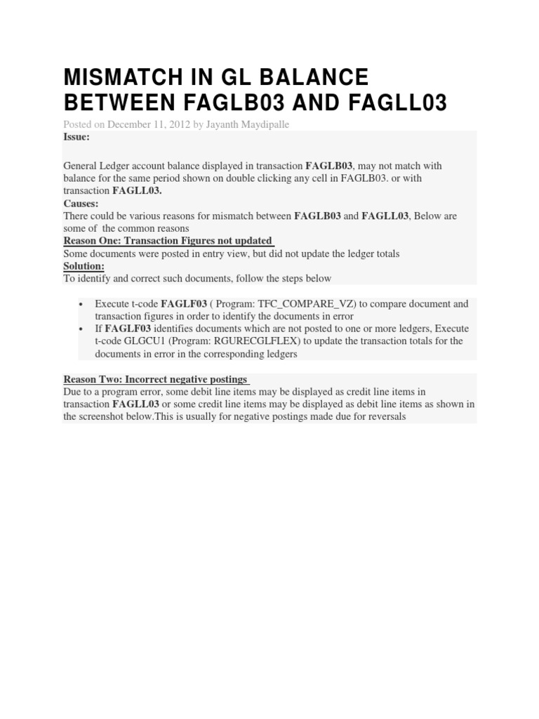 Mismatch in GL Balance Between Faglb03 and Fagll03 | PDF
