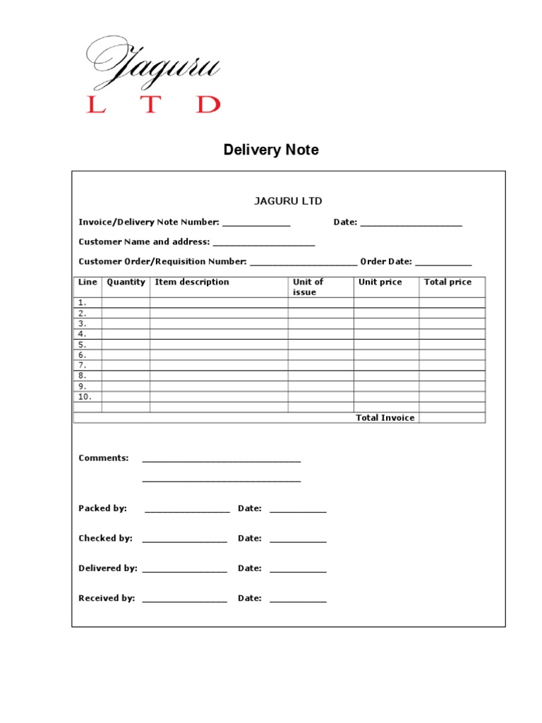 Delivery Note Template for JAGURU LTD | PDF | Finance & Money Management