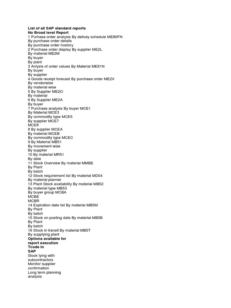 List of All SAP Standard Reports No Broad Level Report | PDF | Inventory | Invoice