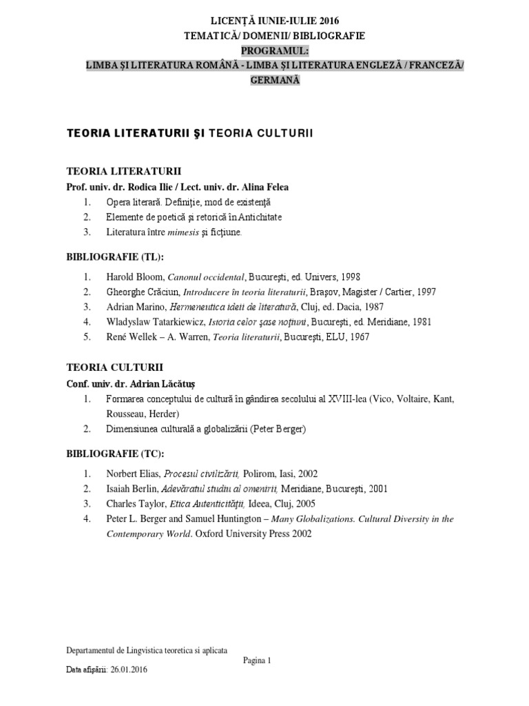 LSC - Iunie 2016 - Tematica Licenta Romana Principal | PDF