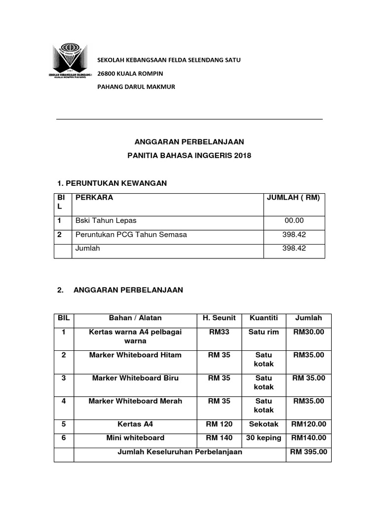 Anggaran Perbelanjaan Bi2018 | PDF