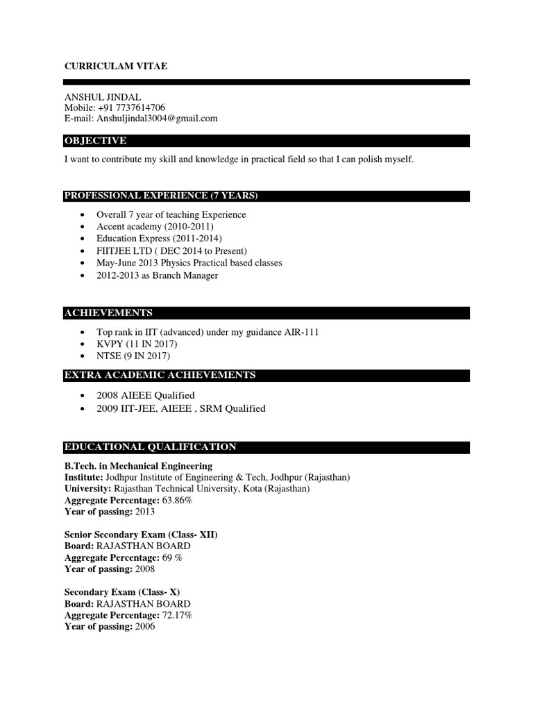 Anshul Jindal Sample CV | PDF | Science | Engineering