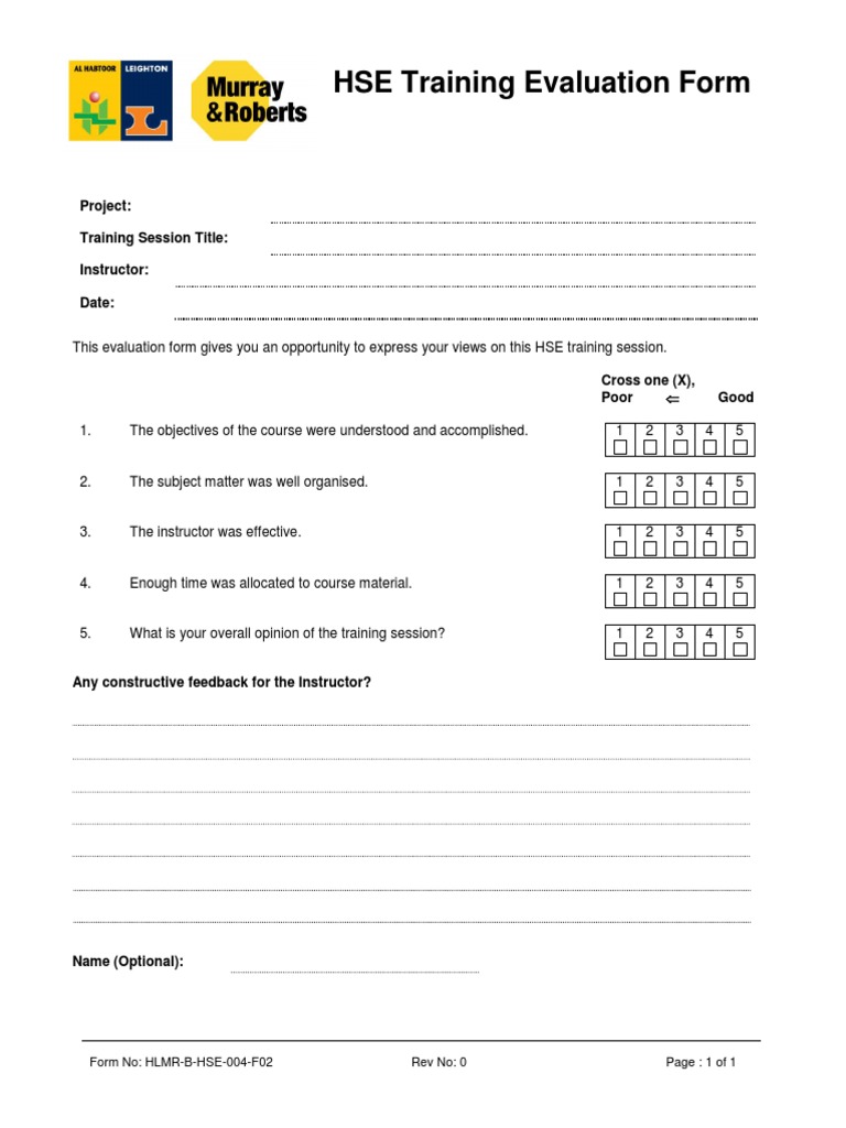 HSE Training Evaluation Form: Project: Training Session Title ...