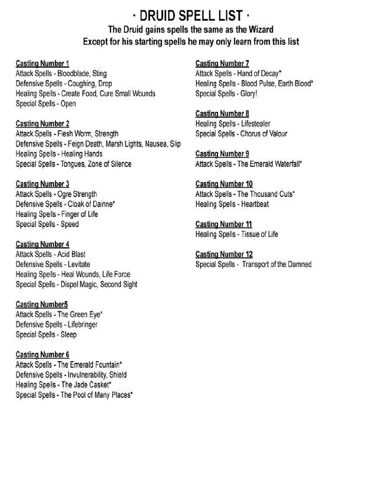 Druid Spell List | PDF