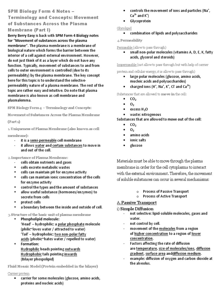 SPM Biology Form 4 Notes | PDF | Cell Membrane | Cell (Biology)