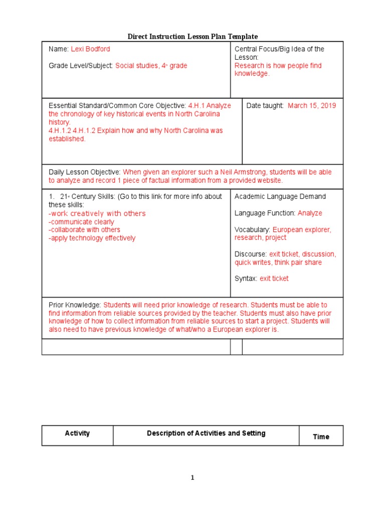 Direct Instruction Lesson Plan Template: Activity Description of ...