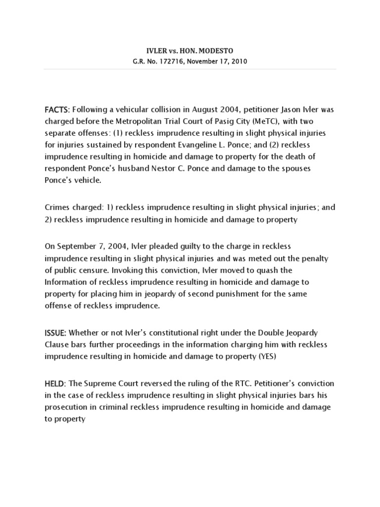 IVLER Vs Modesto | PDF | Recklessness (Law) | Homicide