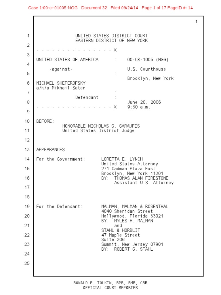 Michael Sater Aka Sheferofsky 2006 Sentencing Hearing Transcript | PDF ...