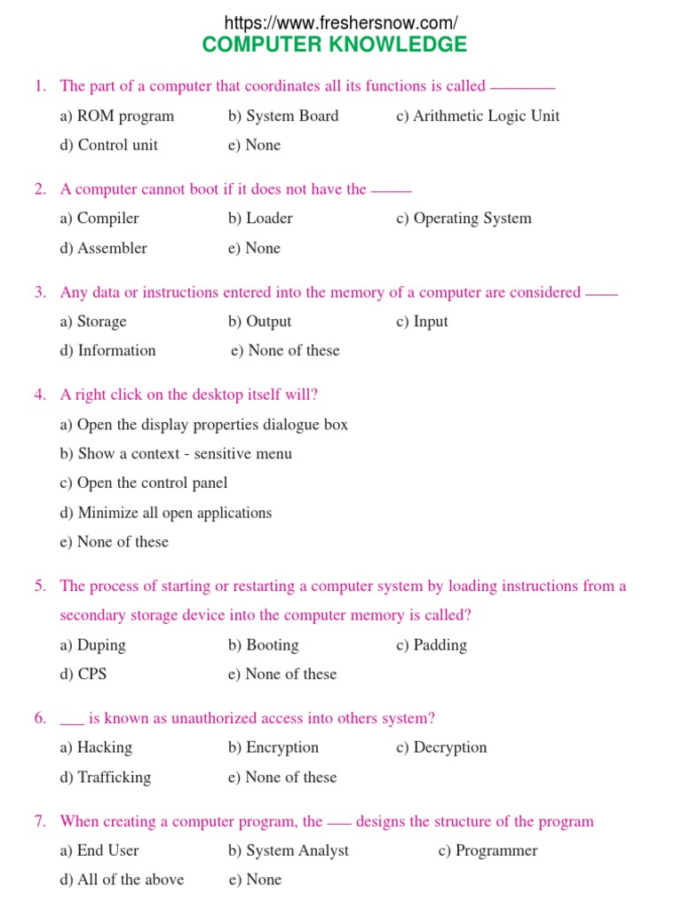 A Comprehensive Computer Knowledge Quiz Covering Foundational Concepts ...