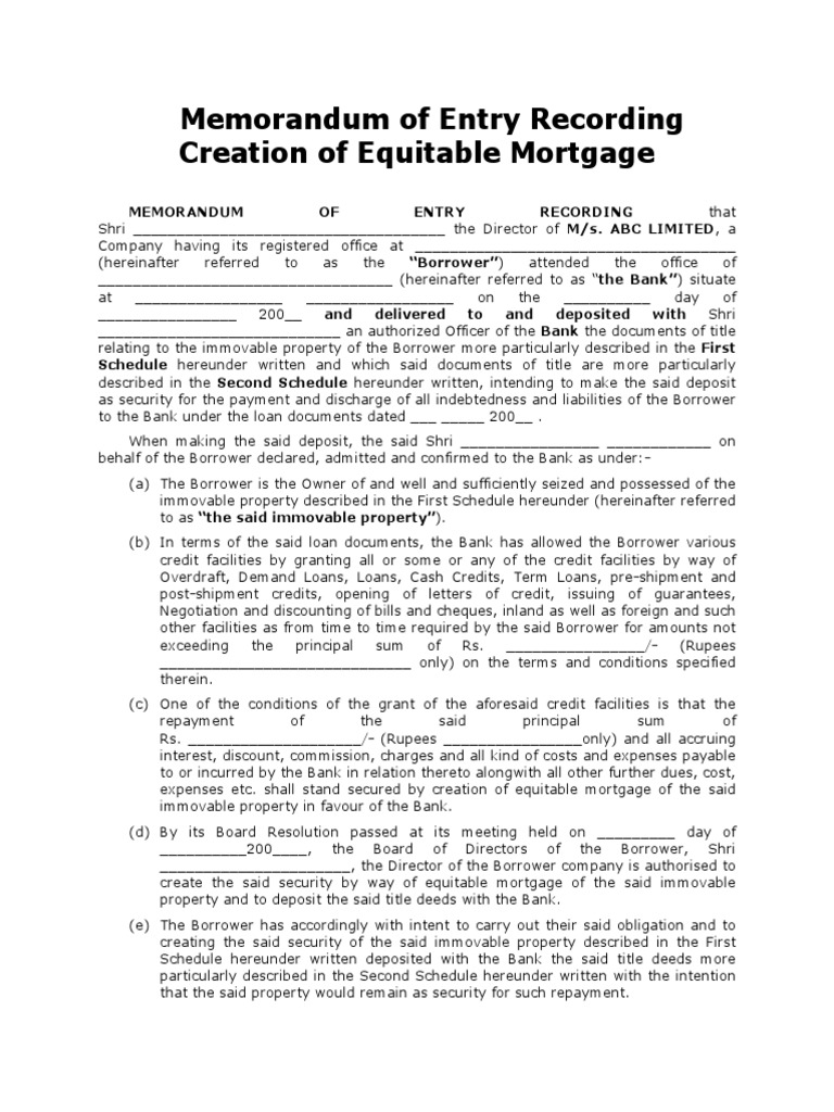 Memorandum of Entry Recording Creation of Equitable Mortgage | PDF ...